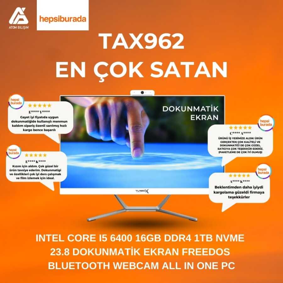 Turbox TAx962 Intel Core i5 6400 16GB DDR4 1TB NVMe 23.8 Dokunmatik Ekran BTH Webcam All in One ...